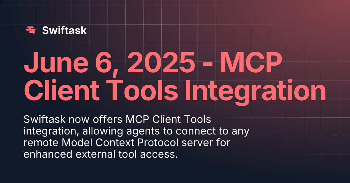 June 6, 2025 - MCP Client Tools Integration | Swiftask